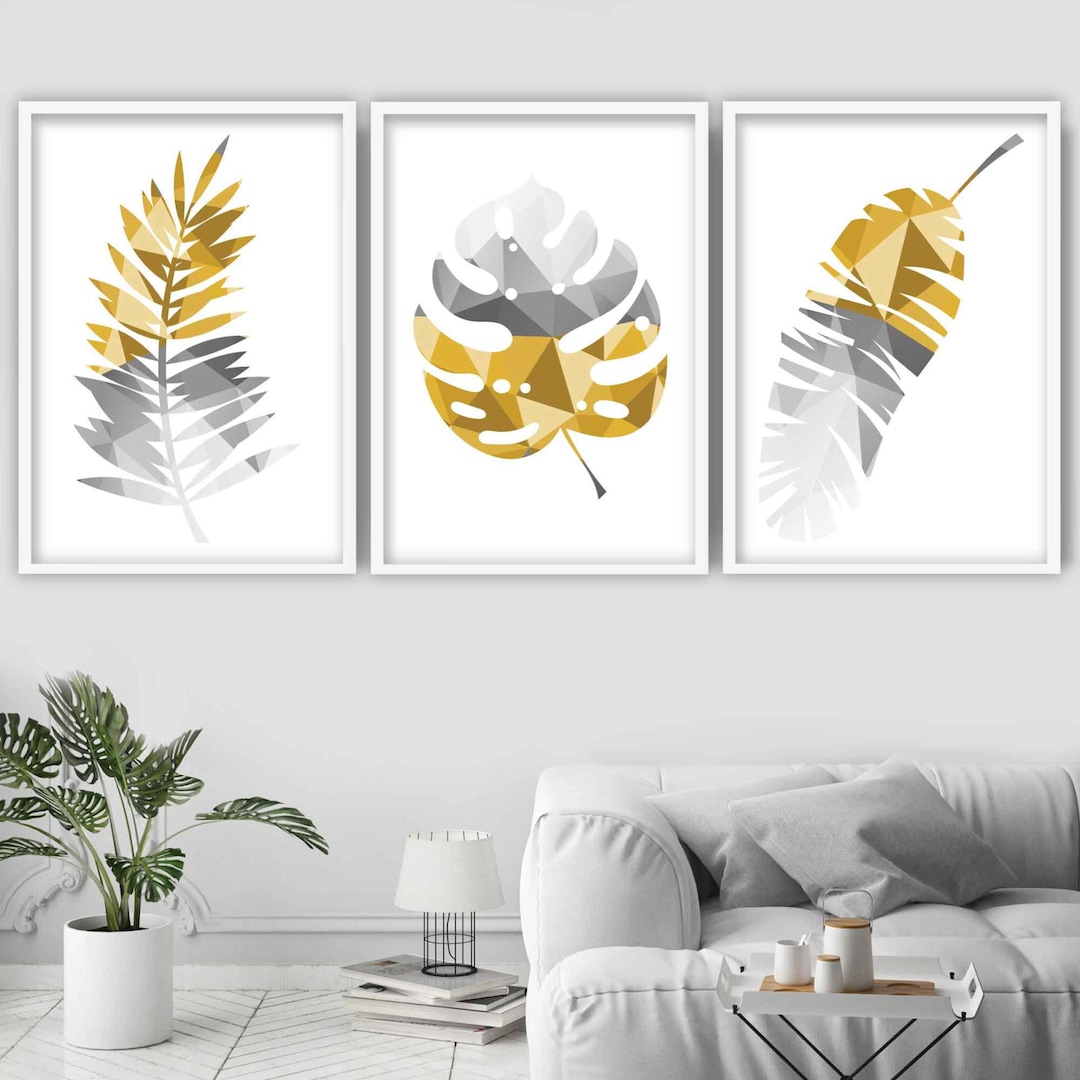 GEOMETRIC Set of 3 YELLOW & Grey Art Prints Tropical LEAVES Botanical ...