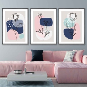 Set of 3 Botanical Boho Style Floral Wall Art Prints in Navy Blue and ...