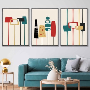 Mid Century Modern Shapes Set of 3 Wall Art Prints in Red, Yellow, Teal ...