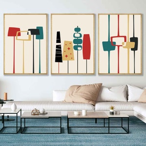 Mid Century Modern Shapes Set of 3 Wall Art Prints in Red, Yellow, Teal ...