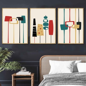 Mid Century Modern Shapes Set of 3 Wall Art Prints in Red, Yellow, Teal ...