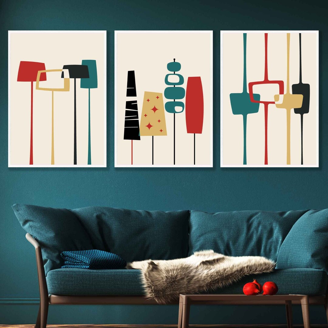 Mid Century Modern Shapes Set of 3 Wall Art Prints in Red, Yellow, Teal ...