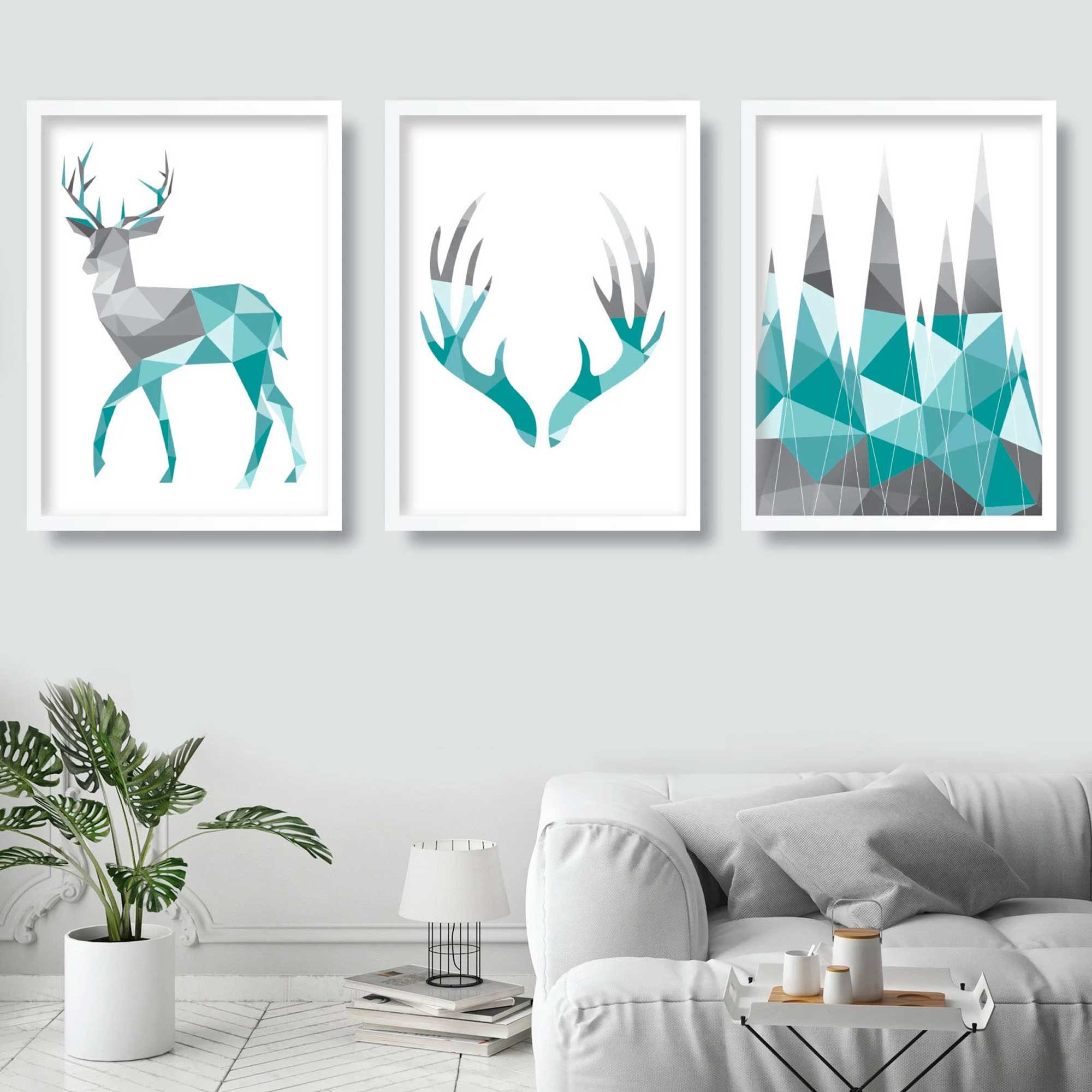 GEOMETRIC set of 3 Aqua Blue & Grey Art Prints STAG Antlers | Etsy