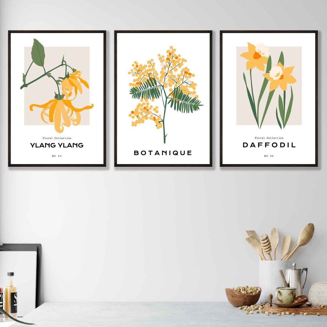 Vintage Botanical Prints, Yellow Daffodil & Ylang Ylang Art (set of 3 ...