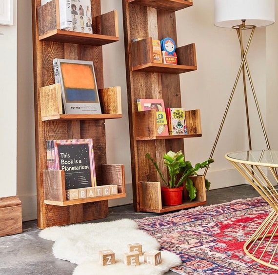 Reclaimed Wood Leaning Bookcase Display Tower Etsy