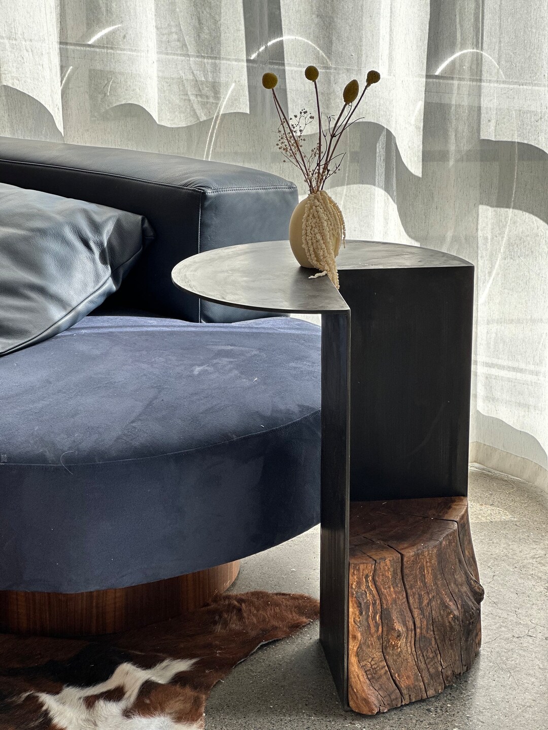 Round Metal Side Table With Walnut Block Slice Base - Etsy