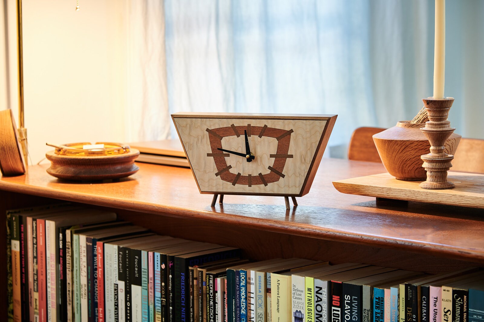 Trapezoid Mid Century Inspired Clock, MCM design, Wood Inlay Art Deco ...