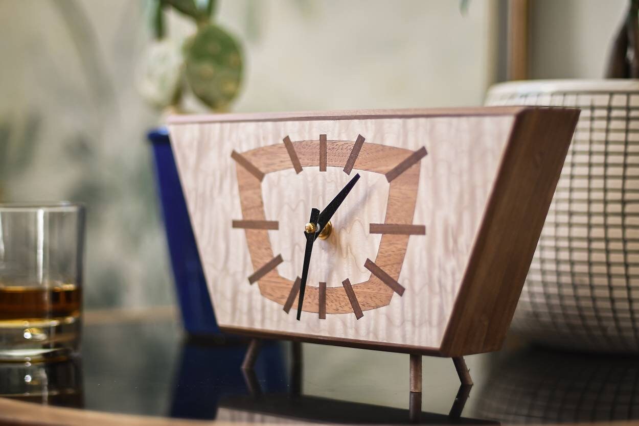Trapezoid Mid Century Inspired Clock, MCM design, Wood Inlay Art Deco ...