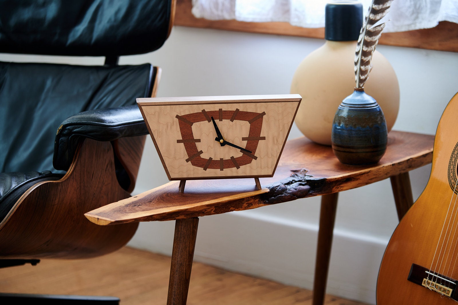 Trapezoid Mid Century Inspired Clock, MCM design, Wood Inlay Art Deco ...