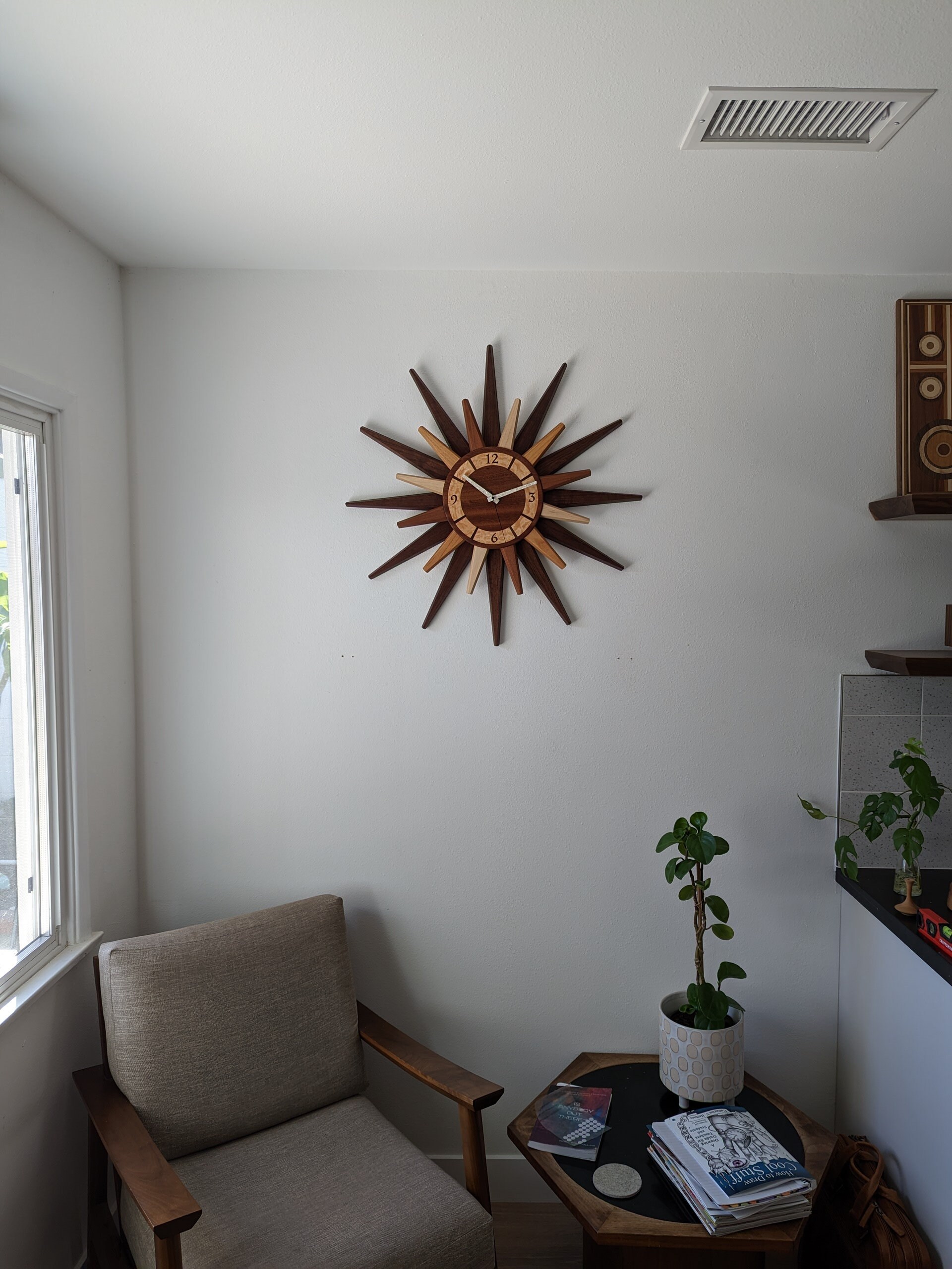 Large Starburst Wall Clock, Mid Century Modern Walnut Clock, Atomic ...
