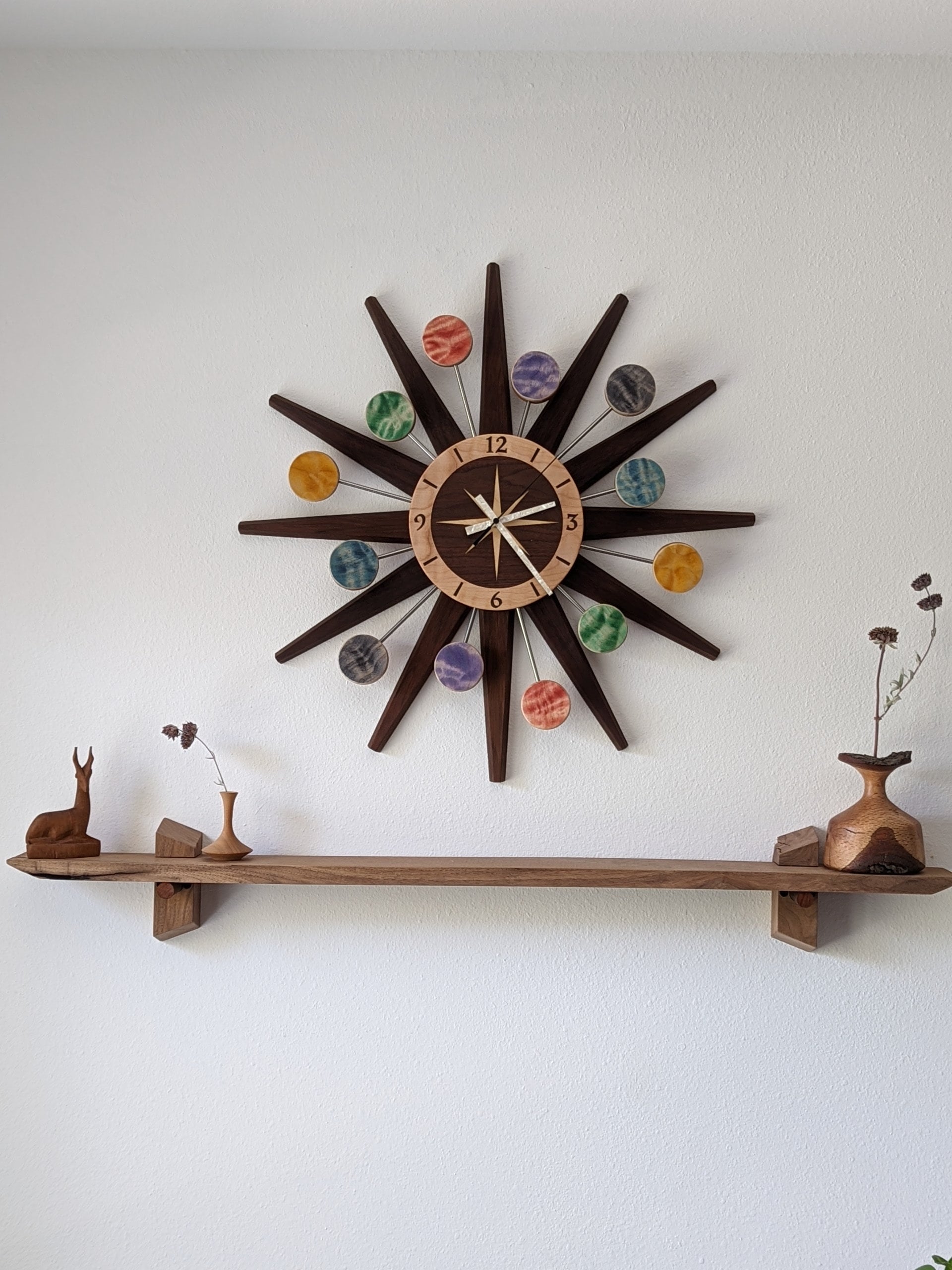 Large Starburst Wall Clock, Mid Century Modern Walnut Clock, Atomic ...