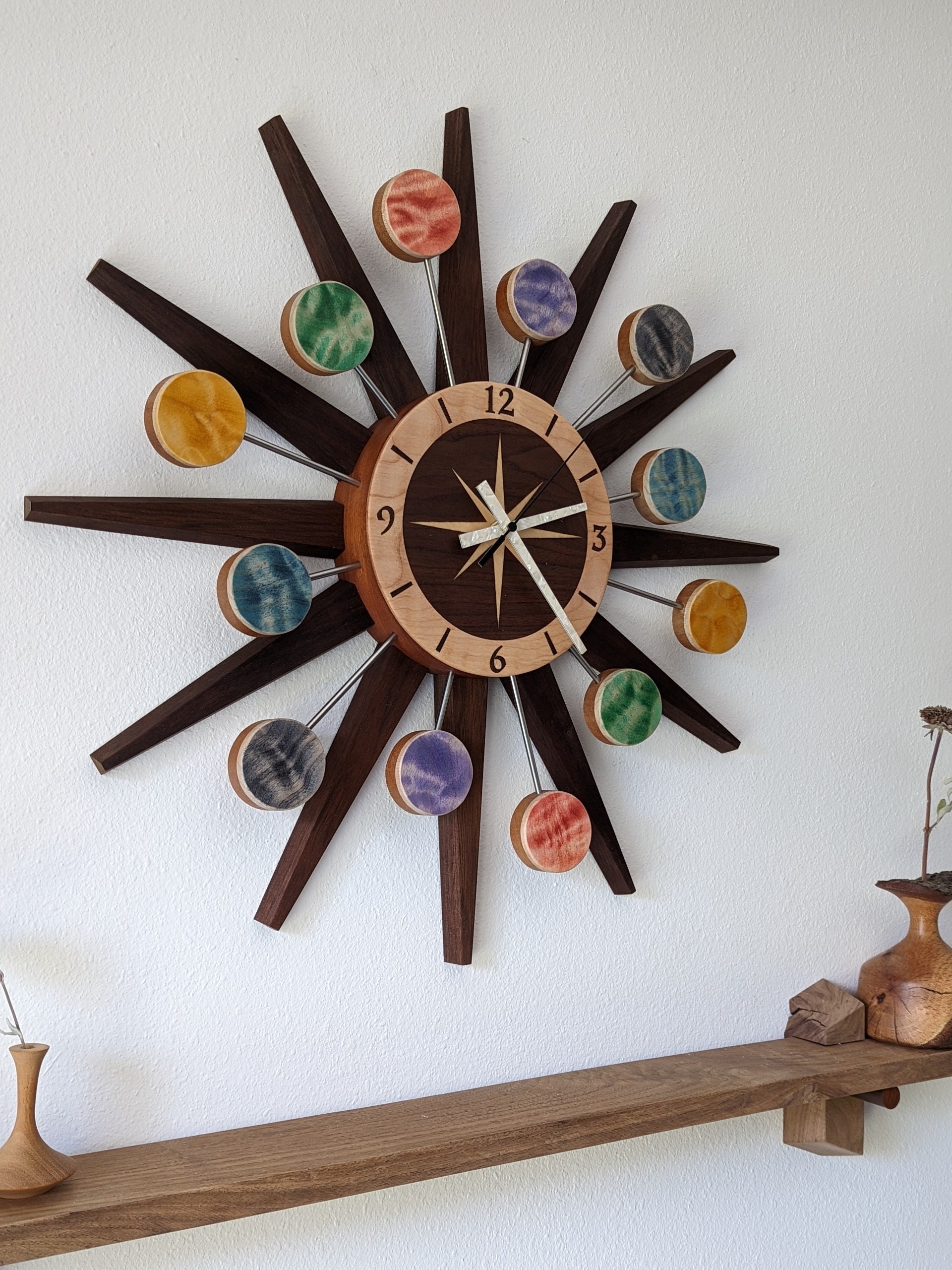 Large Starburst Wall Clock, Mid Century Modern Walnut Clock, Atomic ...