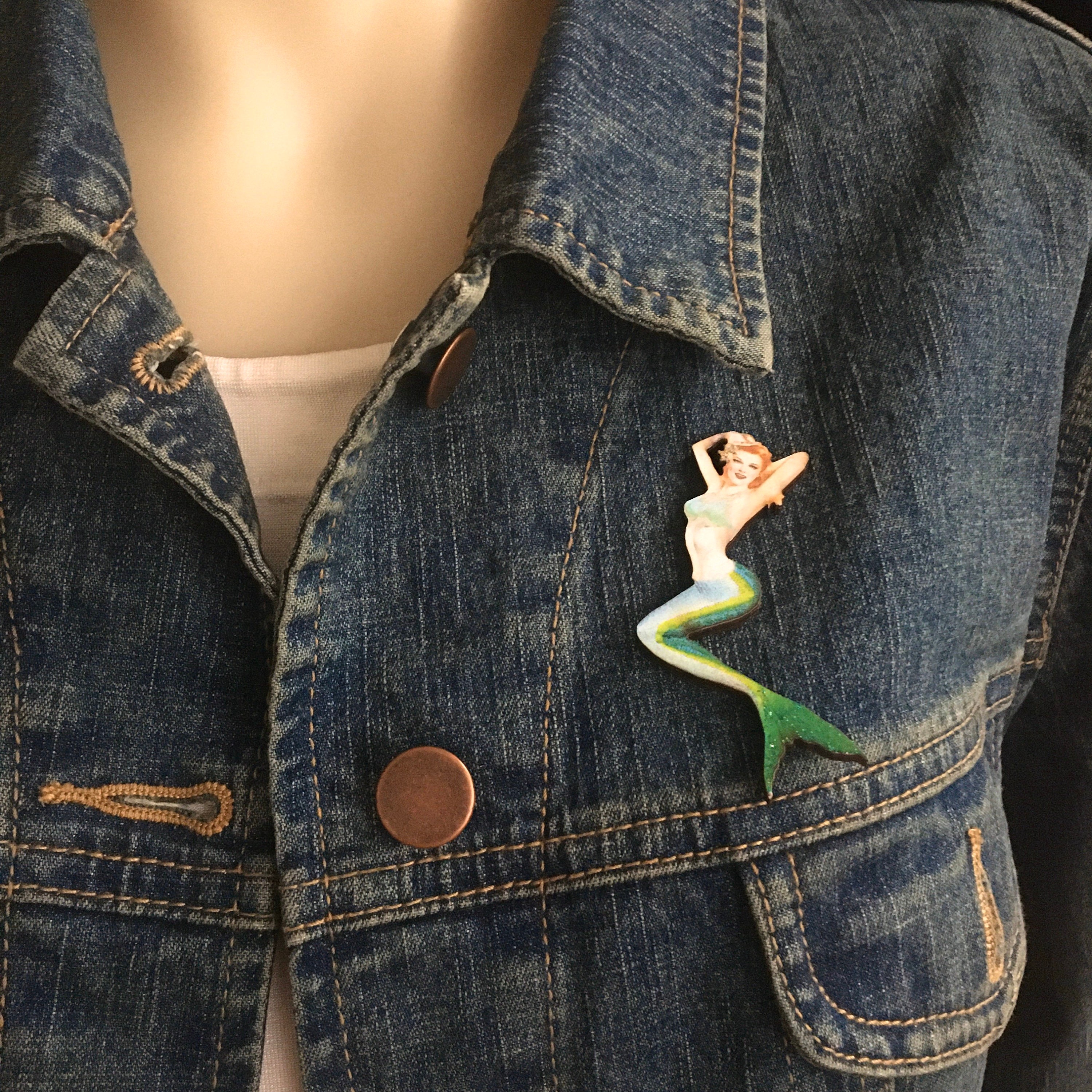 Mermaid Pin 1950s Pinup Girl Brooch Wooden Lapel Pin Vintage Inspired ...