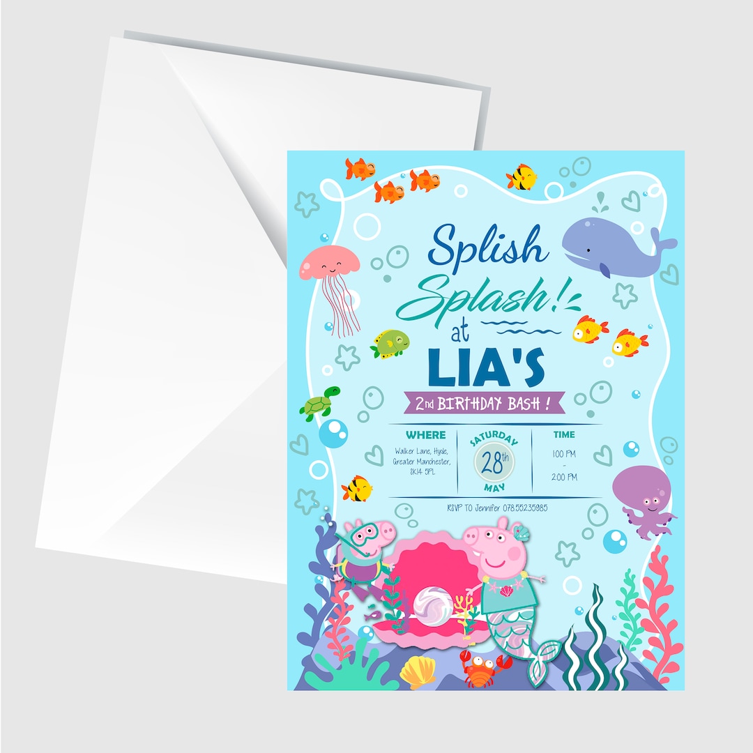 Editable Peppa Pig Mermaid Birthday Party Invite Peppa Pig Pool Party ...