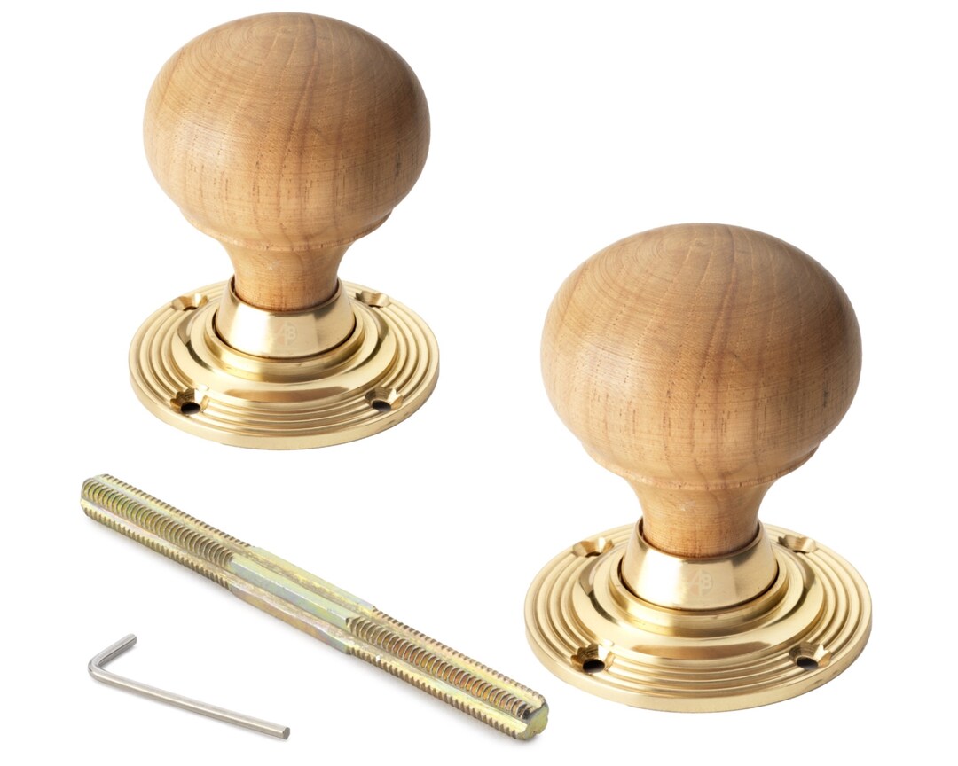 Teak & Polished Brass Wooden Wood Round Bun Mortice Rim Door Knobs Knob ...