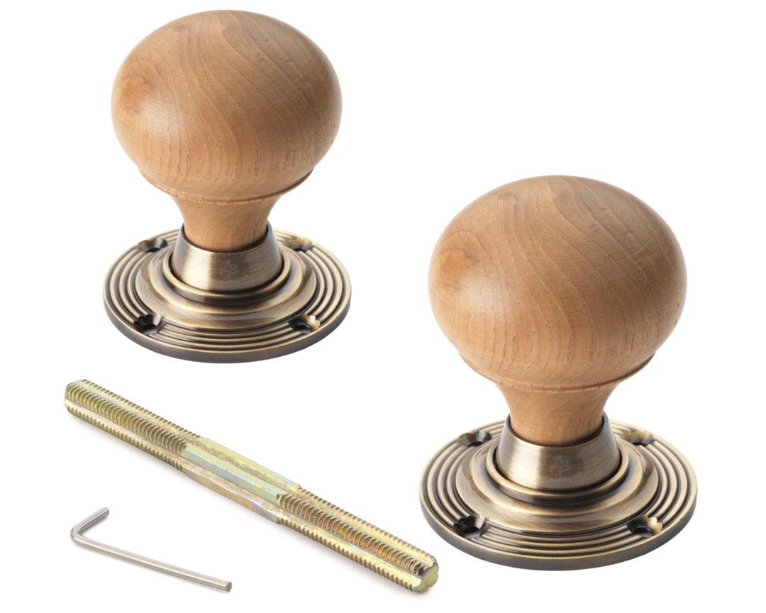 Teak & Antique Brass Wooden Wood Round Bun Mortice Rim Door Knobs Knob ...