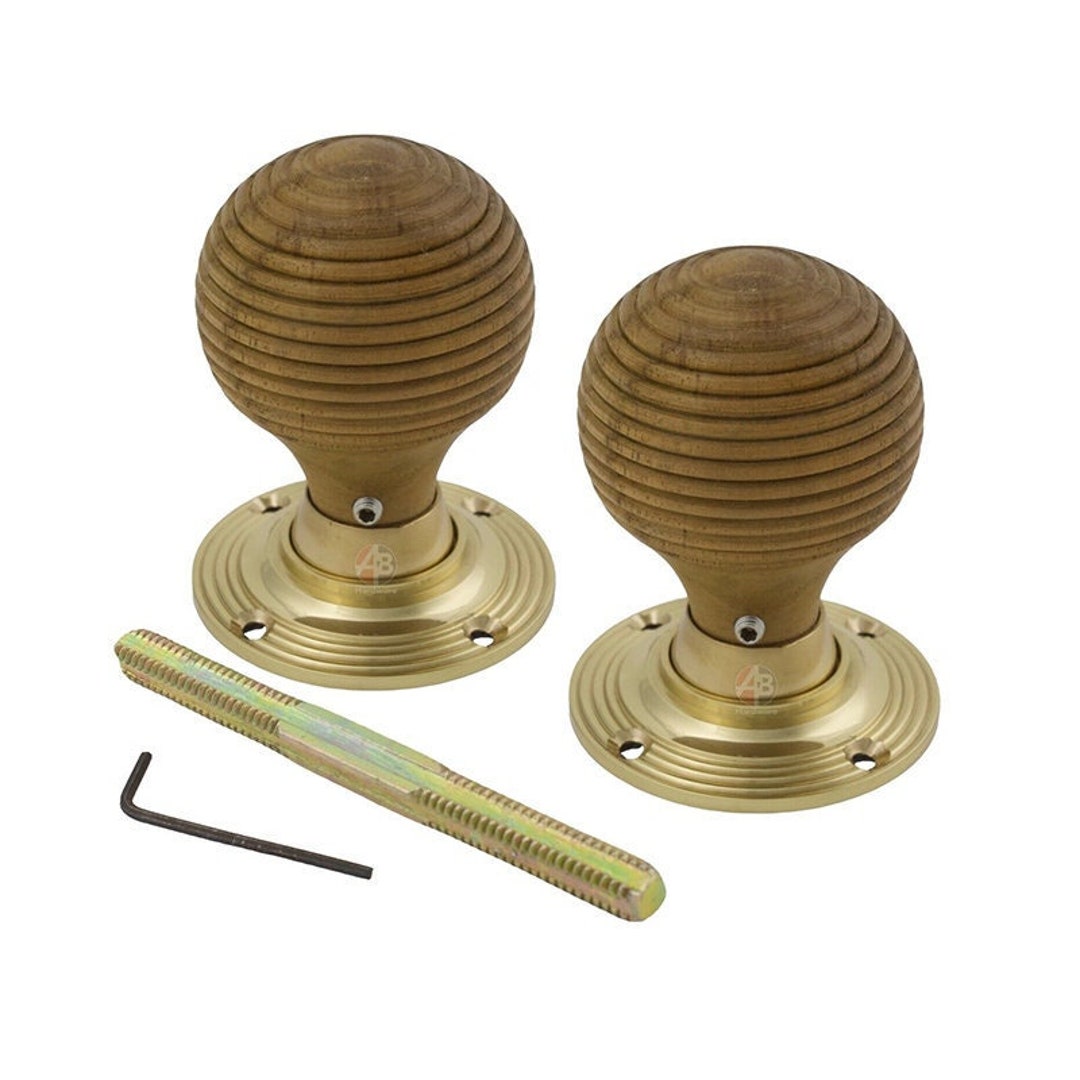 Teak & Polished Brass Wooden Beehive Mortice Rim Door Knobs Knob Pair ...