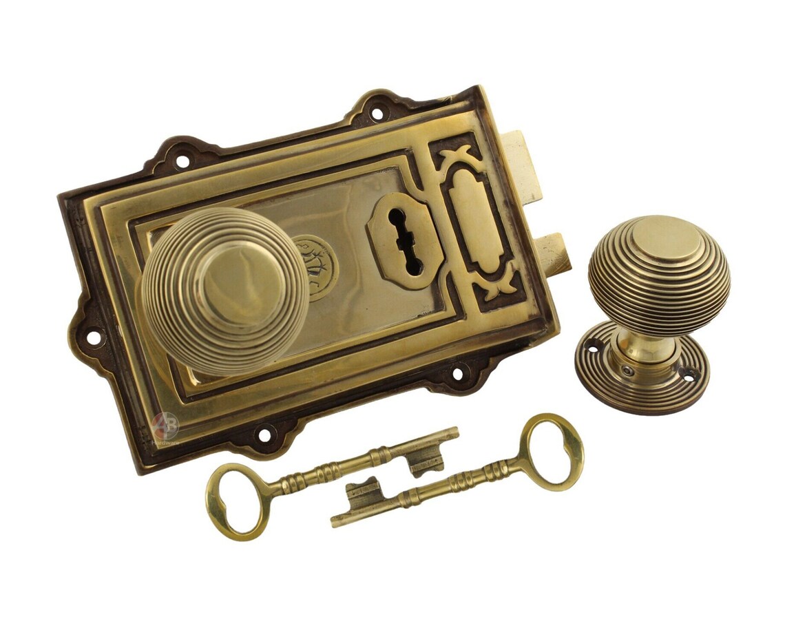 Solid Aged Brass Davenport Rim Lock With Heavy Beehive Door Knobs Knob ...