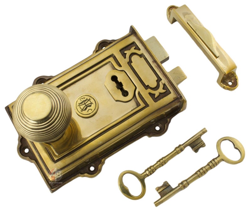 Solid Aged Brass Davenport Rim Lock With Heavy Beehive Door Knobs Knob ...