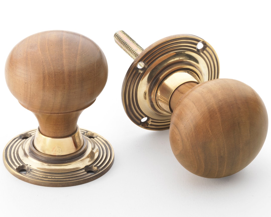 5 Pairs of Teak Aged Brass Round Wooden Wood Bun Mortice Rim Door Knob ...