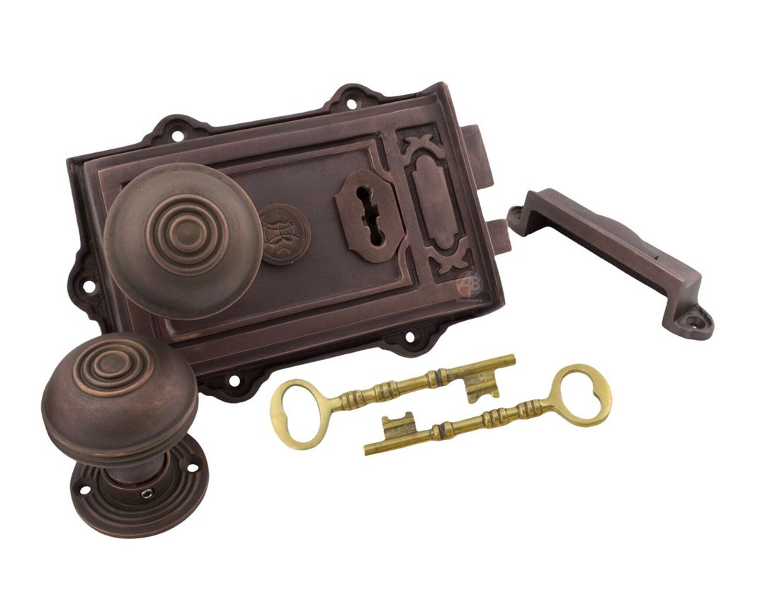 Aged Bronze Davenport Rim Lock With Bronze Bloxwich Door Knobs Solid ...