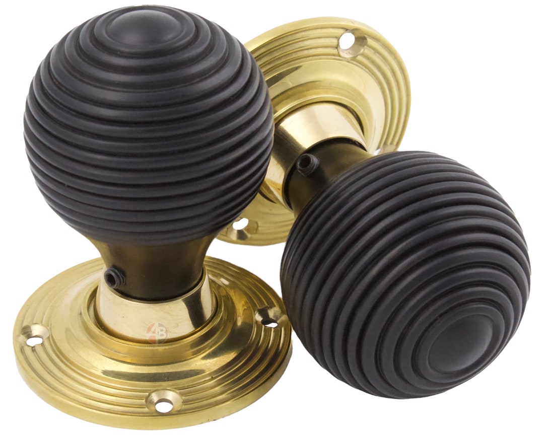 4 Pairs Black Wooden Beehive Door Knobs Reeded Ebonised Black Brass Handles Set Pairs of New ...