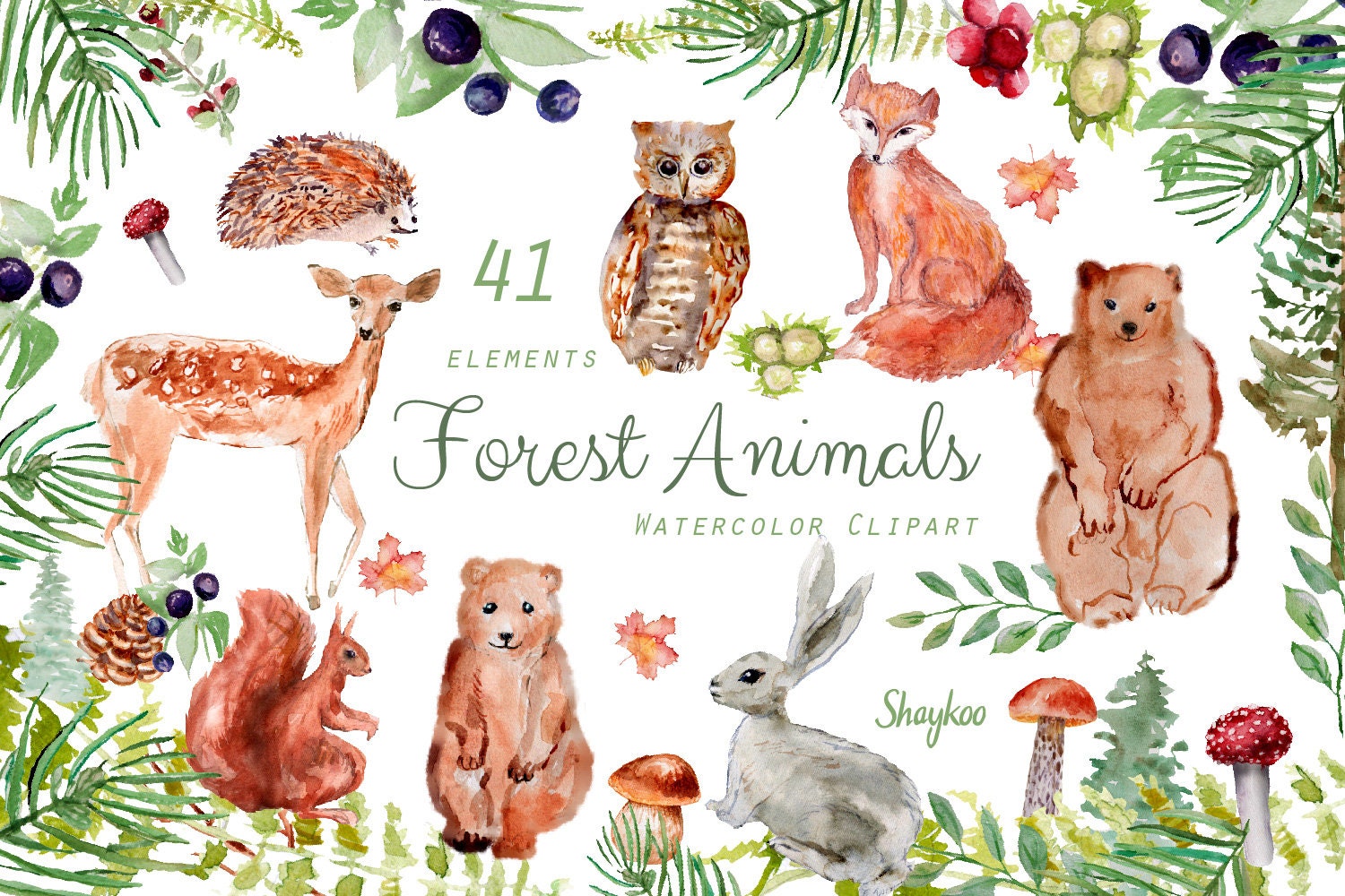 Forest Animals Watercolor Clipart, Woodland Animals Illustration ...