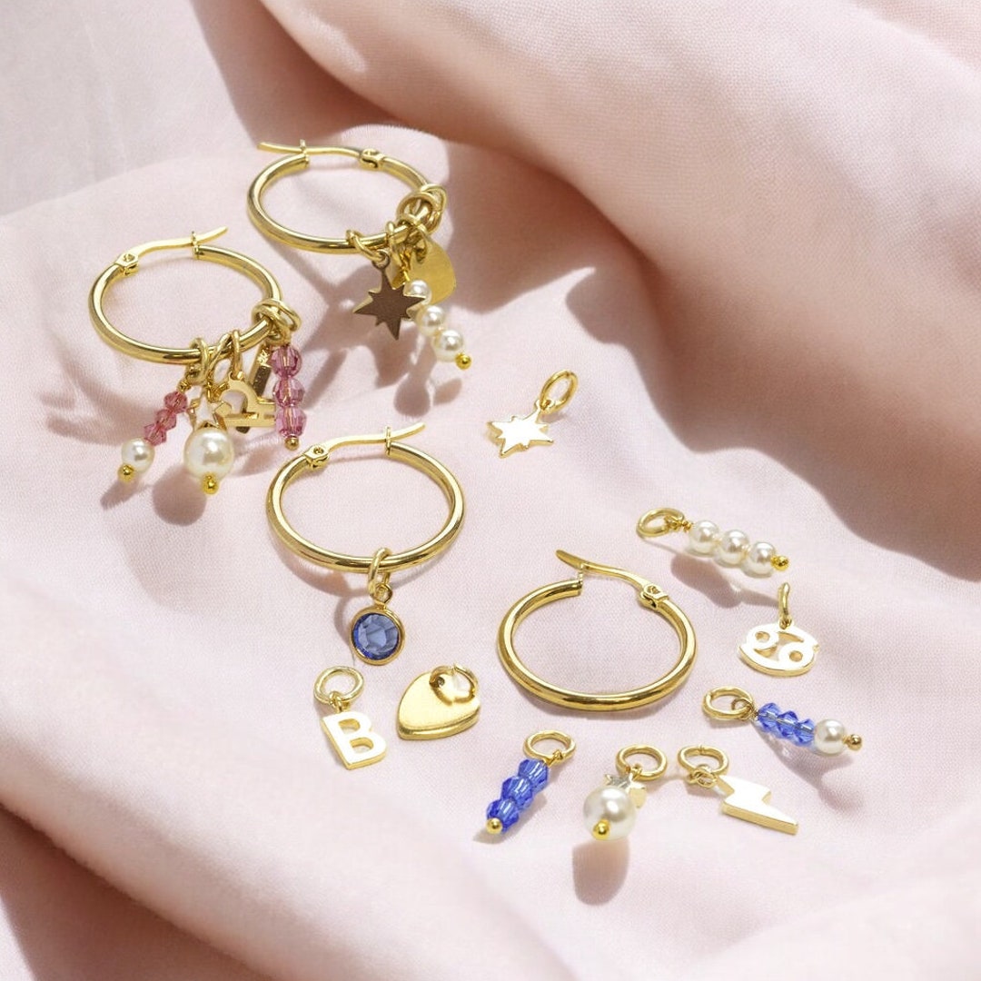 Birthstone Hoop Earrings With Multiple Charms - Etsy