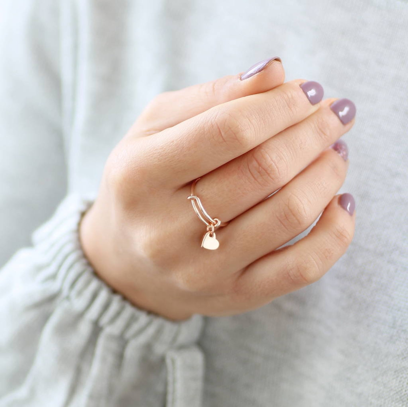 Rose Gold Adjustable Heart Charm Ring - Etsy