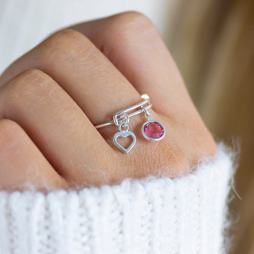 Sterling Silver Adjustable Birthstone Charm Ring - Etsy
