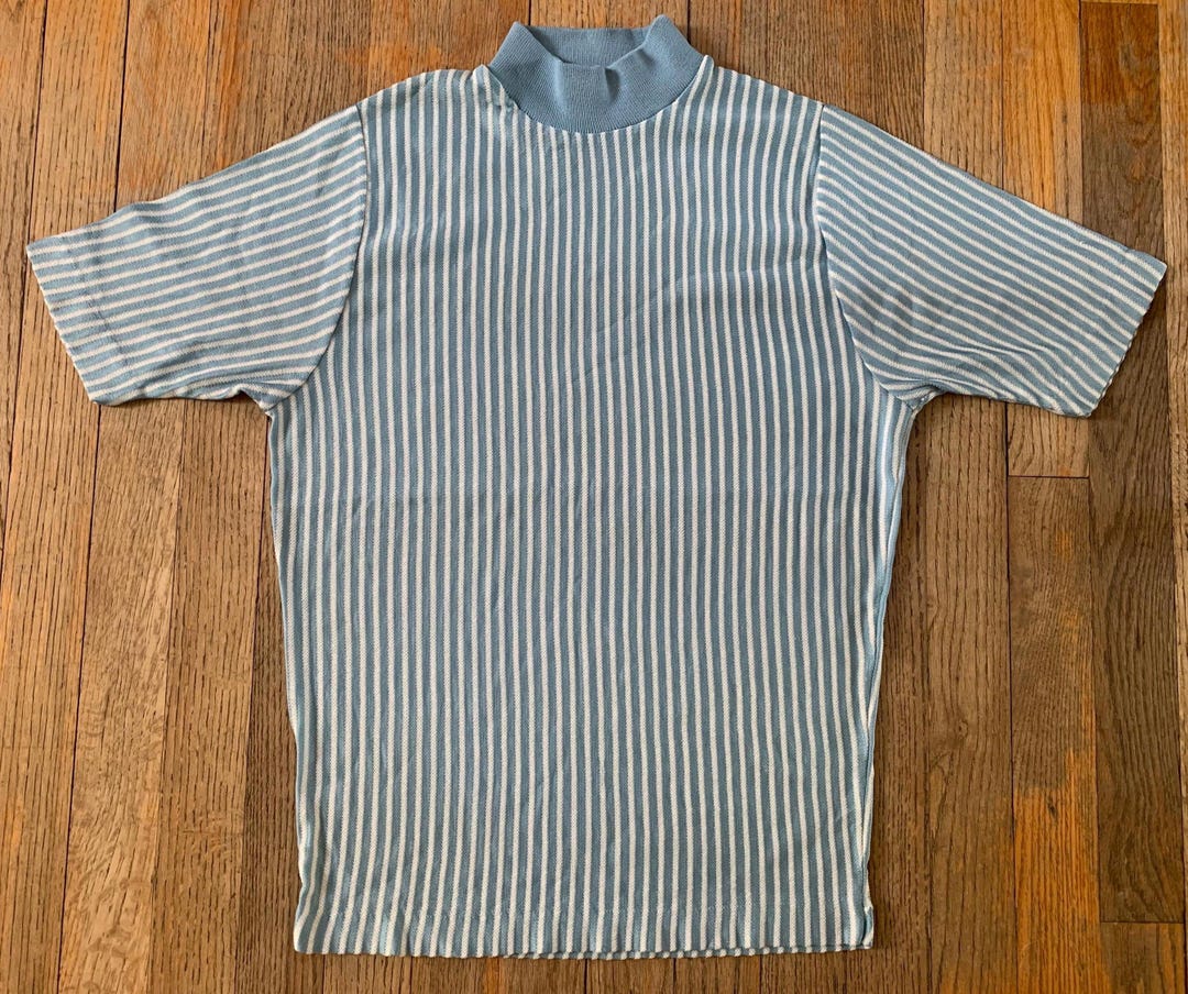 Vintage 1960s Ban Lon Style Mock Neck Shirt, Sky Blue/white Striped ...
