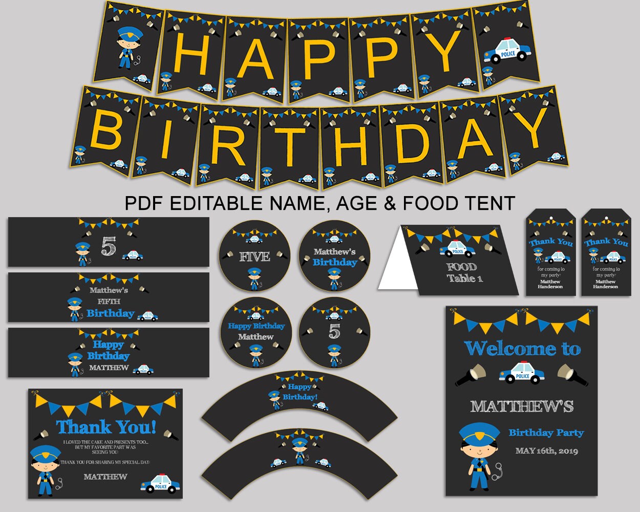 Police Birthday Decor Police Editable Pack Black Blue Party - Etsy