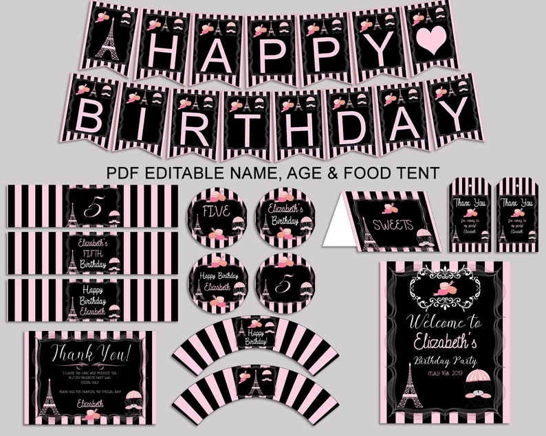 Paris Birthday Decor Paris Editable Pack Black Pink Party - Etsy