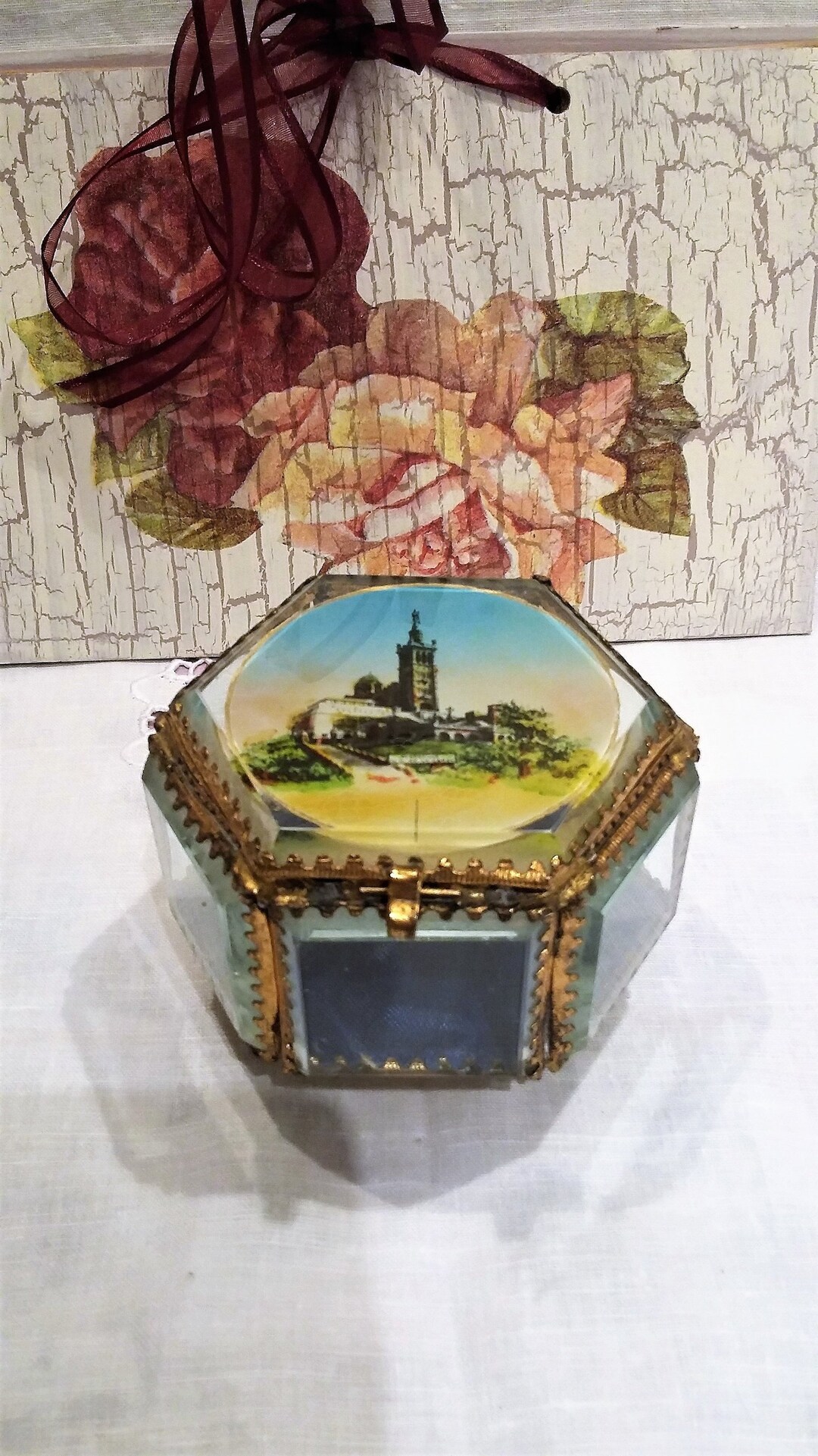 French Antique Glass Jewelry Box Marseille Image Hexagon Shape With ...