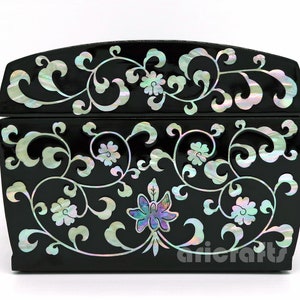 Mother of Pearl Box Arabesque Flower Black Lacquer Wood Jewelry Ring ...