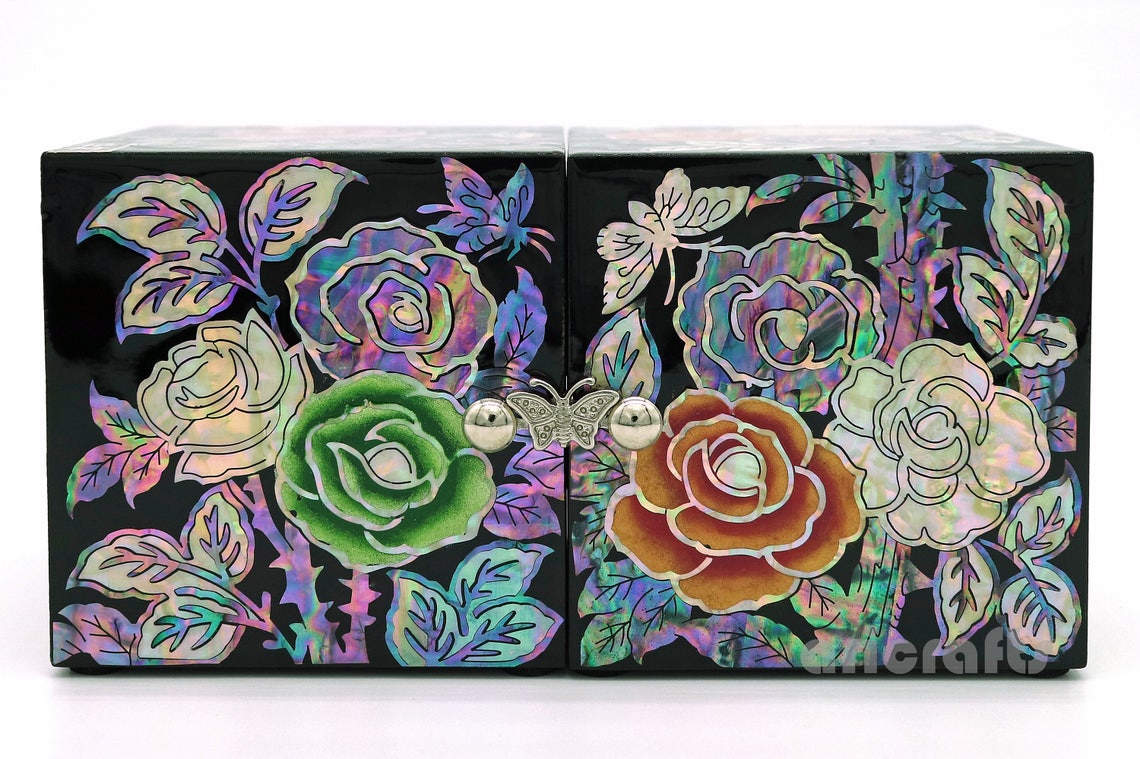 Mother of Pearl Jewelry Box Nacre Inlaid Wood Secret Black | Etsy