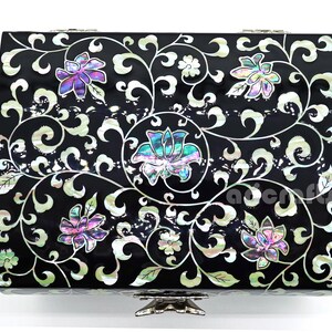 Mother of Pearl Box Arabesque Flower Black Lacquer Wood Jewelry Ring ...