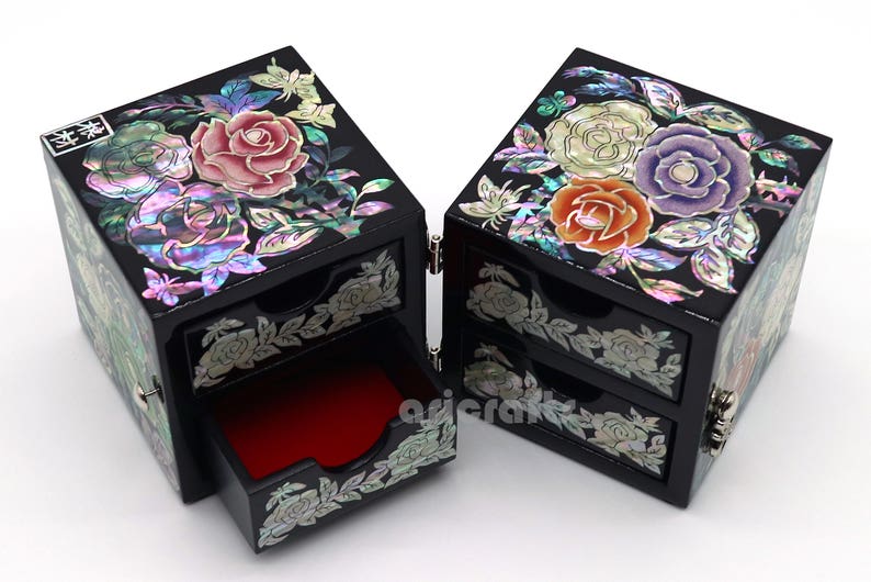 Mother of Pearl Jewelry Box Nacre Inlaid Wood Secret Black | Etsy