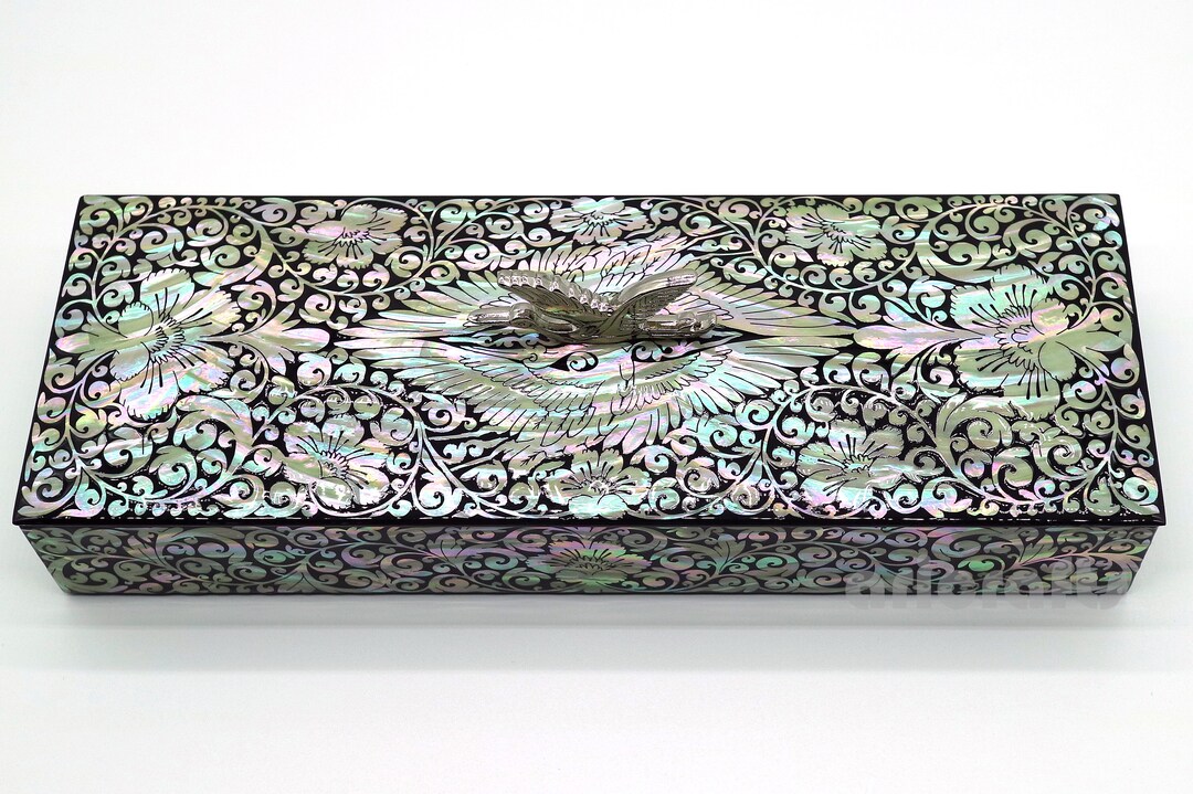 Mother of Pearl Inlay Lacquer Wooden Office Desk Pen Pencil Case ...
