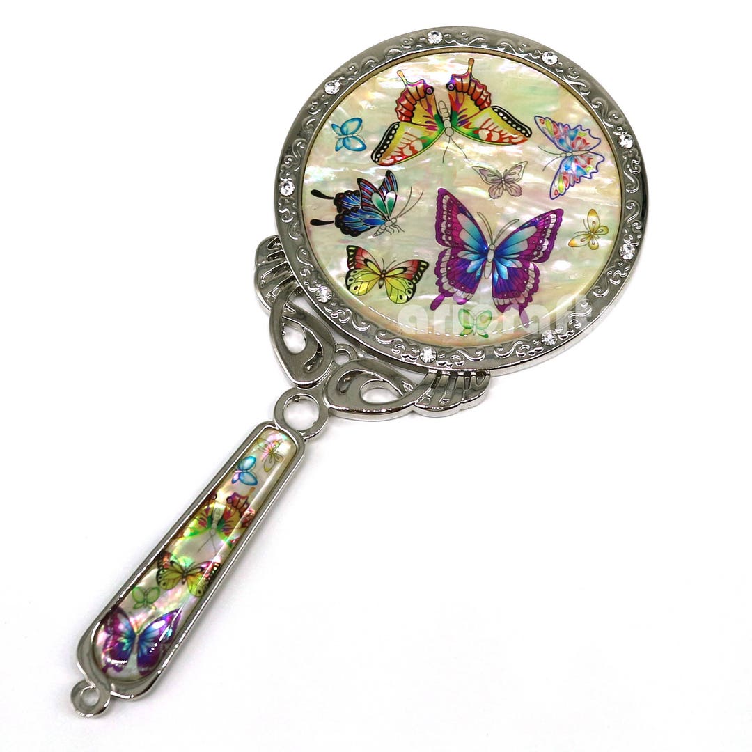 Mother of Pearl Butterfly Compact Mirror, Cosmetic Makeup Handbag Purse ...