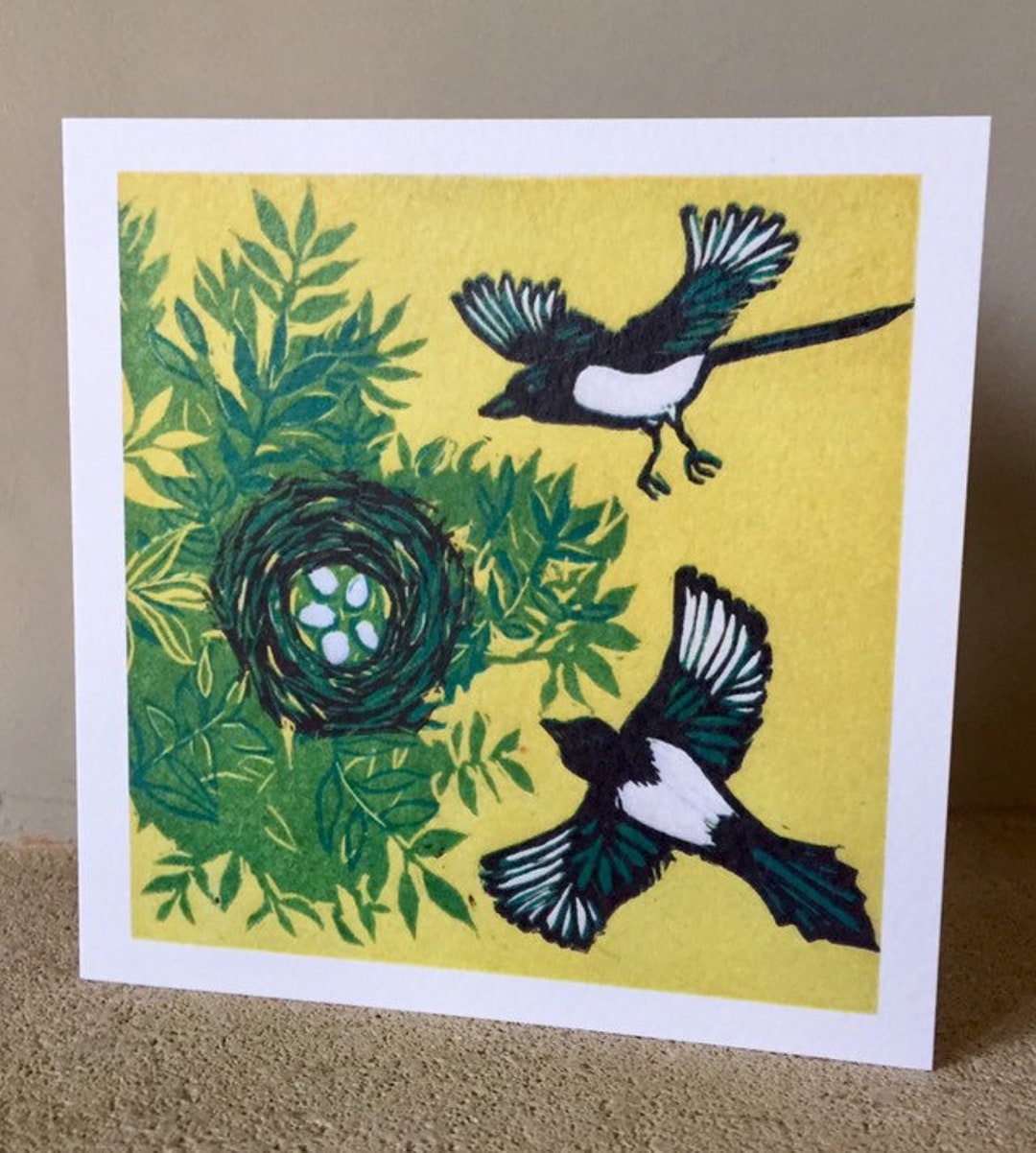 Magpie Nest - Artist Card From Original Linocut Print - Etsy