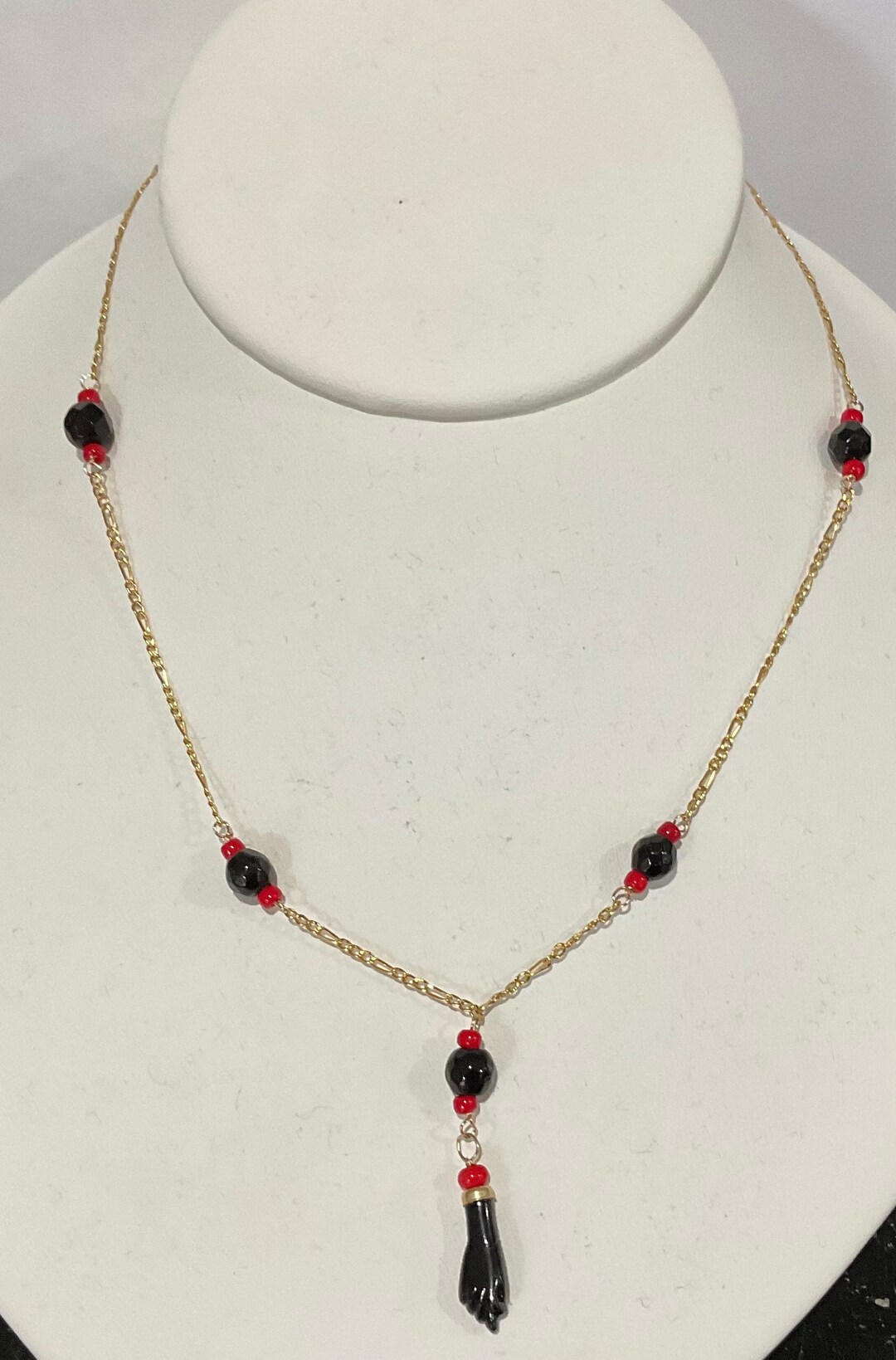 Brand New 14k Gold AZABACHE Necklace W/suspended Bead & Hanging Hand - Etsy