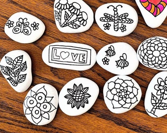 Set of 12 Adult Coloring Rocks Heart Theme, Painted Rocks Kit, Craft ...