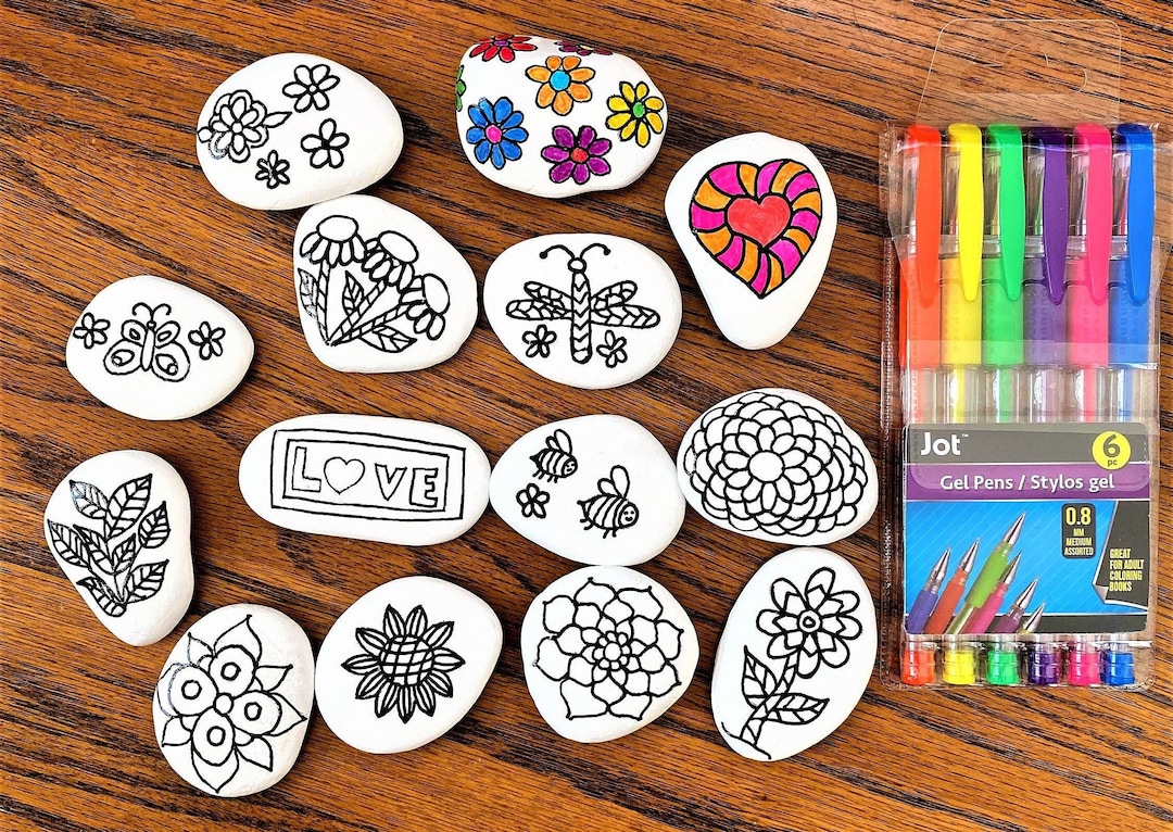 Set of 12 Adult Coloring Rocks - Flower & Insect Theme, Painted Rocks ...