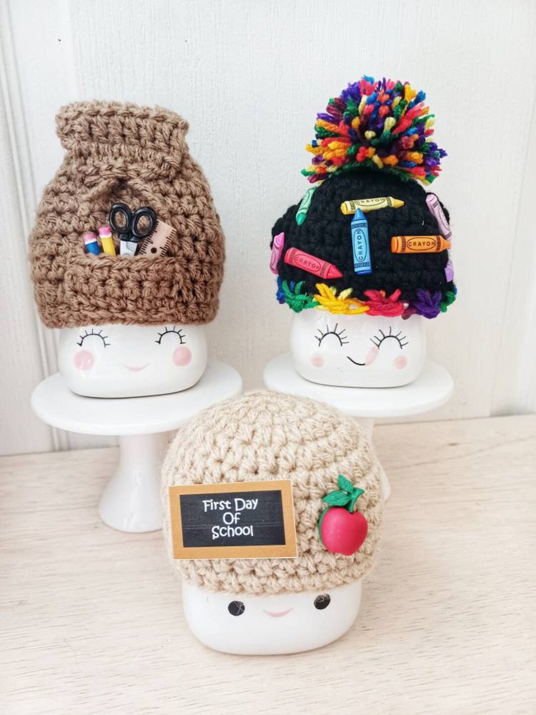 Crochet Back to School Marshmallow Mug Hats, Mug Topper, Crayon, First ...