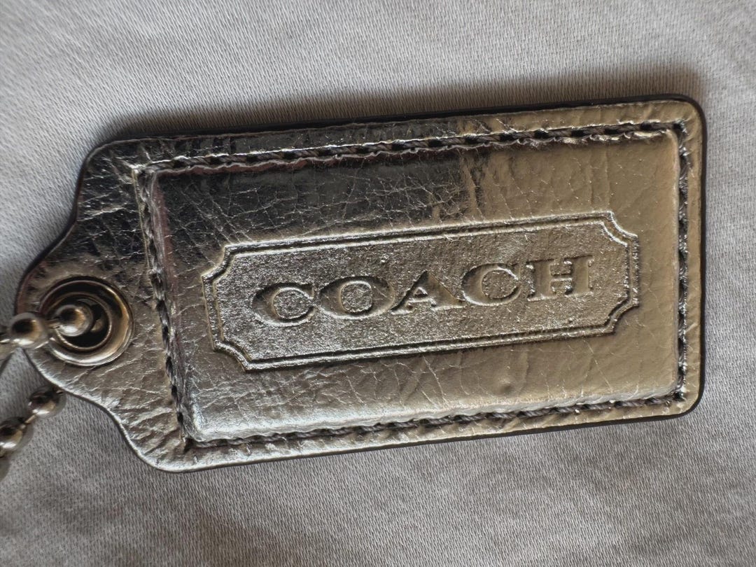 2.5" Large COACH Silver Metallic Leather Nickel Fob Bag Charm Keychain ...