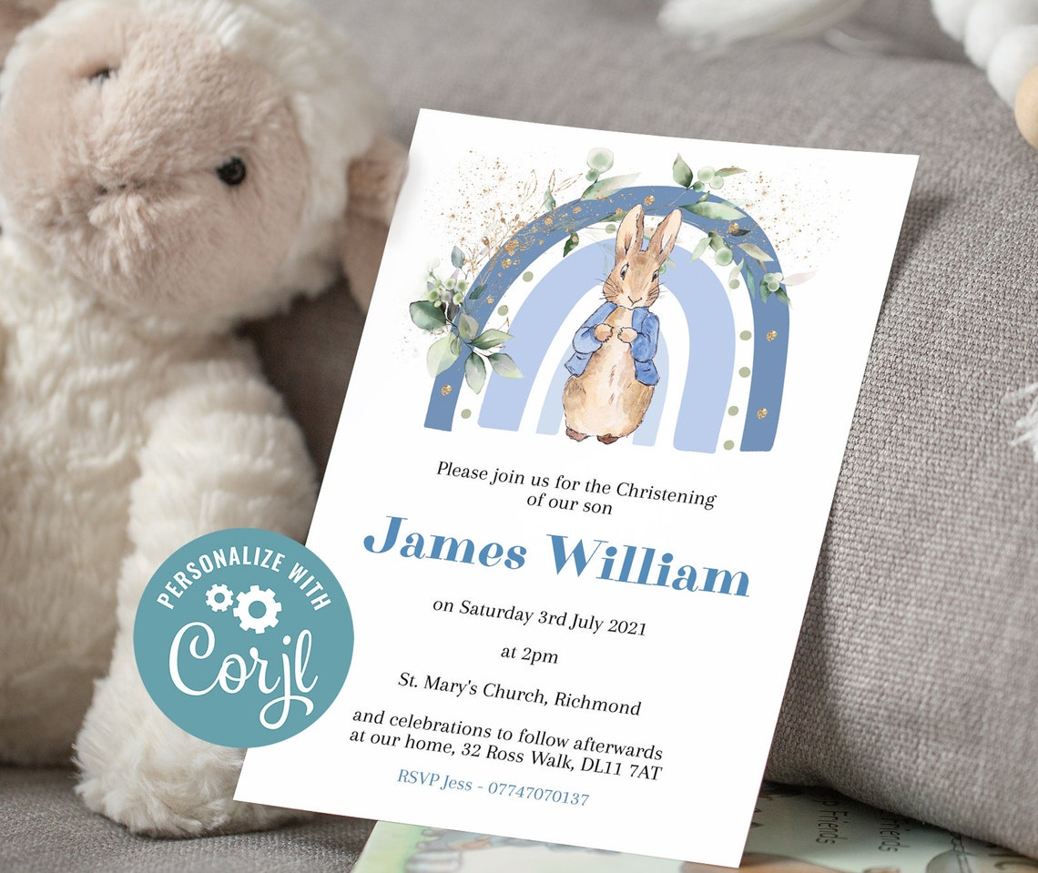 Editable Peter Rabbit Rainbow Invitation. Christening Baptism - Etsy UK