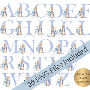 Peter Rabbit Blue Floral Watercolour Alphabet PNG, Peter Rabbit 26 ...