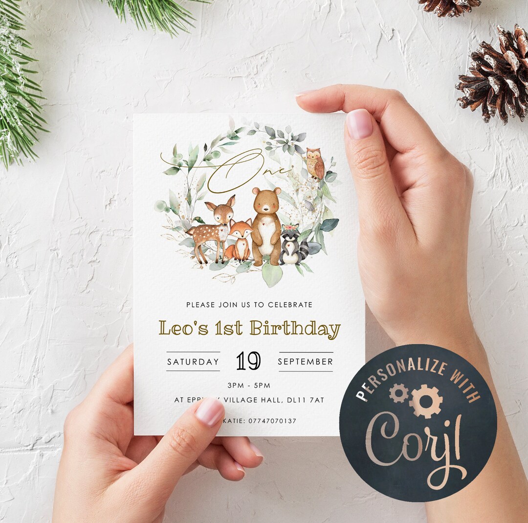 EDITABLE Woodland Animals Greenery Personalised Invitations Printable ...
