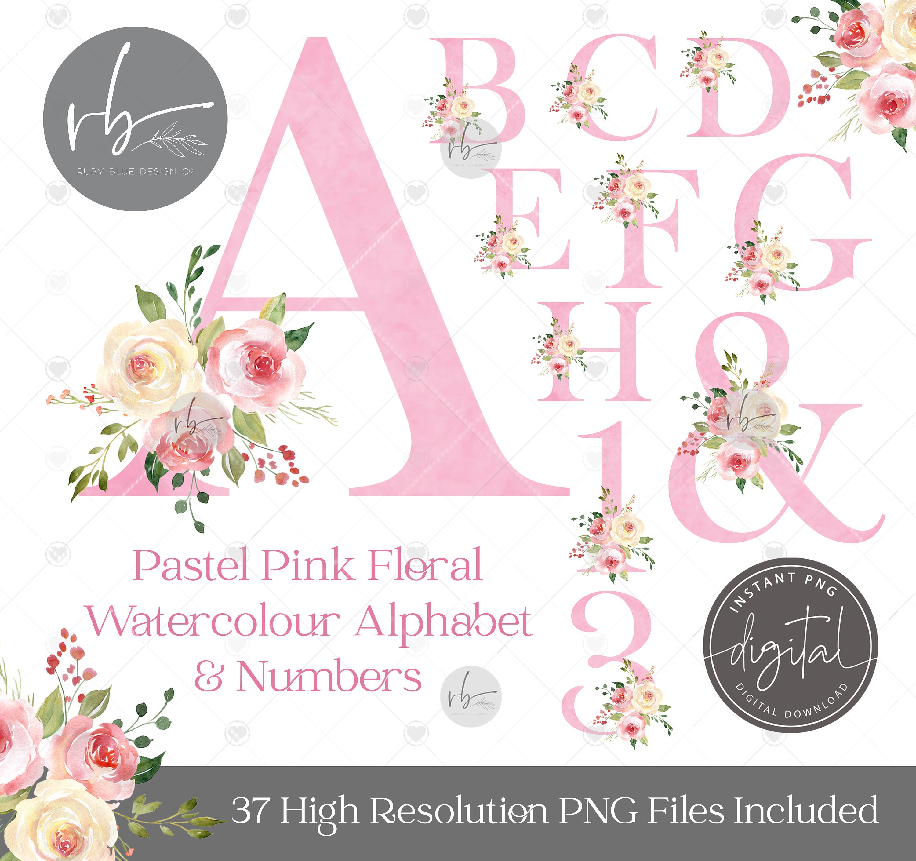 Pastel Pink Floral Watercolour Alphabet & Numbers PNG Clipart Wedding ...